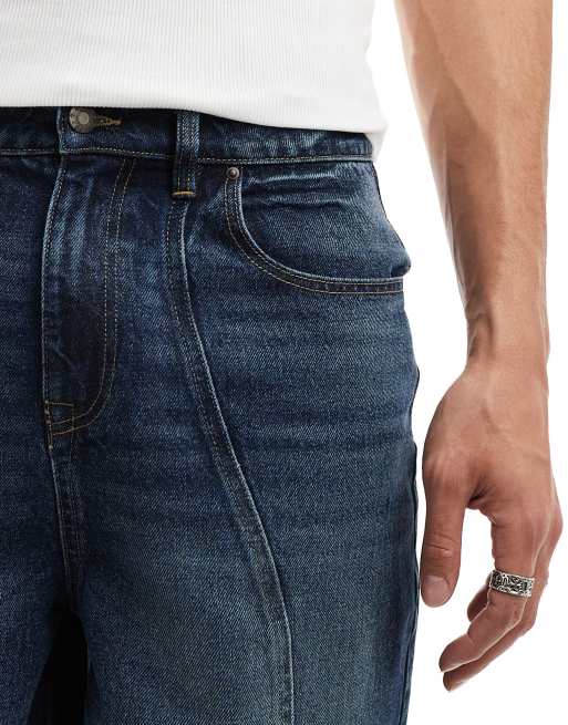 ASOS DESIGN long length denim jorts with panels in mid blue | ASOS