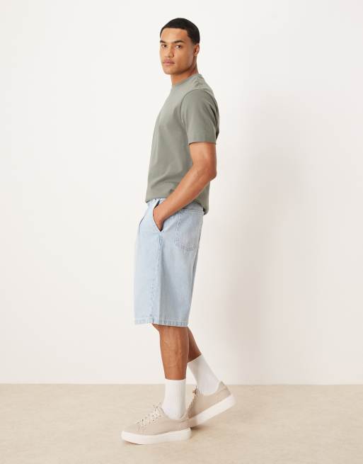 ASOS DESIGN long length double pleated denim jorts in bleach wash | ASOS