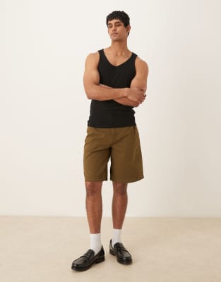 ASOS DESIGN long length shorts with pleat detailing in khaki | ASOS