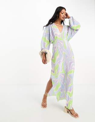 ASOS DESIGN long sleeve batwing midi dress with tie back in purple ...