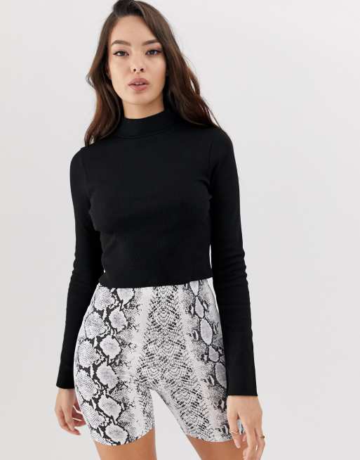Asos Design Long Sleeve Crop Top With Turtleneck And Raw Hem In Rib In