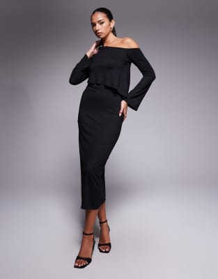 ASOS DESIGN long sleeve fallen shoulder layered midi dress in black | ASOS