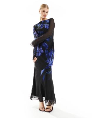 ASOS DESIGN long sleeve maxi dress black with blue floral print | ASOS
