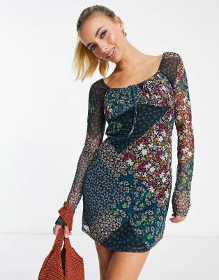 ASOS DESIGN long sleeve mesh mini dress in patchwork floral print | ASOS