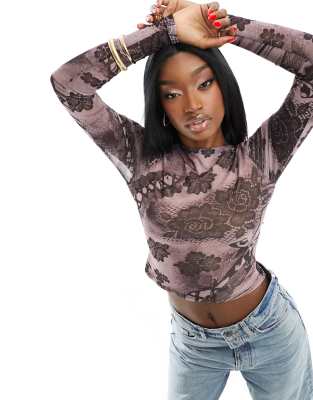 ASOS DESIGN long sleeve mesh top in lace print | ASOS