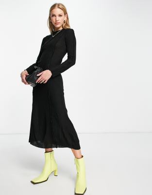 Asos Design Long Sleeve Midi Dress In Black With Exposed Seams | ModeSens