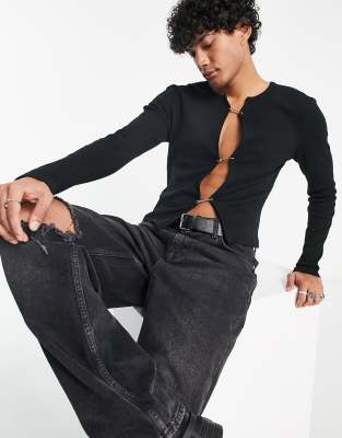 ASOS DESIGN long sleeve muscle cardigan with safety pins in black | ASOS