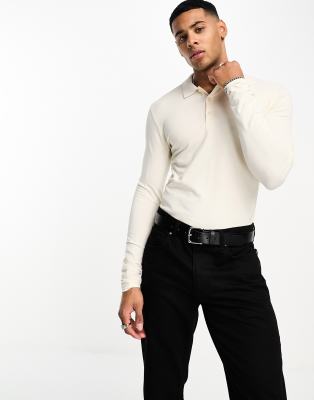 ASOS DESIGN long sleeve muscle fit polo in cream | ASOS