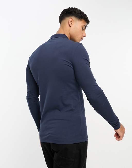 ASOS DESIGN long sleeve muscle fit polo in navy | ASOS