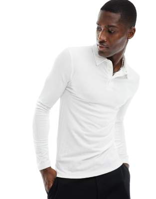 ASOS DESIGN long sleeve muscle fit polo in white rib | ASOS