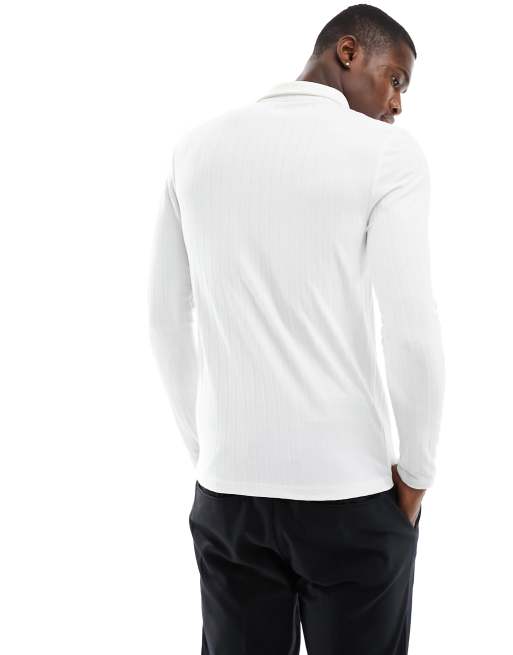 ASOS DESIGN long sleeve muscle fit ribbed polo in white | ASOS