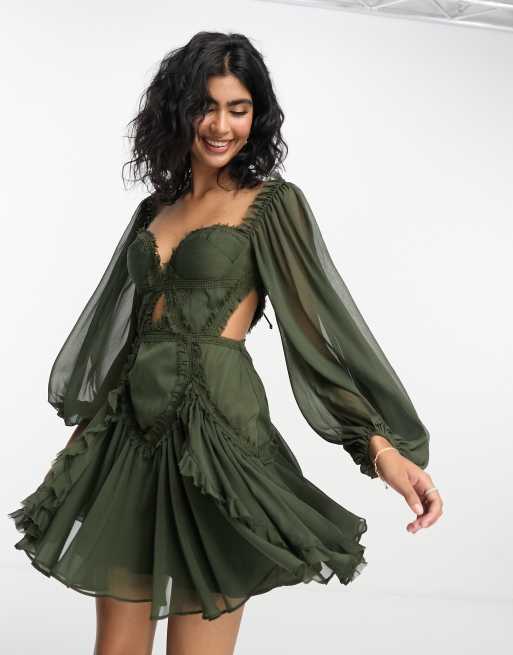 Asos Design Long Sleeve Shirred Corset Mini Dress With Cut Out In Dark