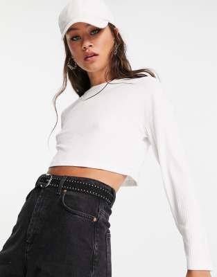 Asos Design Long Sleeve Super Crop Top In Drapey Rib In White | ModeSens
