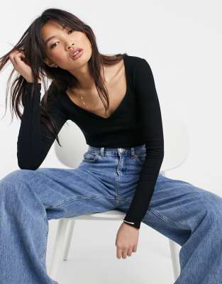 ASOS DESIGN long sleeve sweetheart neck bodysuit in rib in black | ASOS