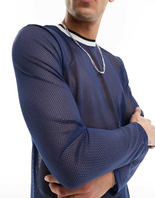 ASOS DESIGN long sleeve t-shirt in navy sporty mesh with tipping | ASOS