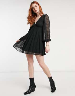 Asos Design Long Sleeve Textured Mini Dress With Flare Panels And Lace