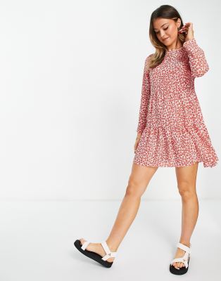 ASOS DESIGN long sleeve tiered smock mini dress in red and white floral print | ASOS