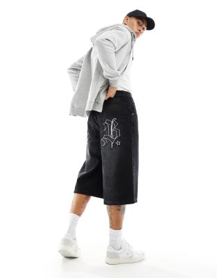 ASOS DESIGN longer length denim jorts with back patches in washed black ...