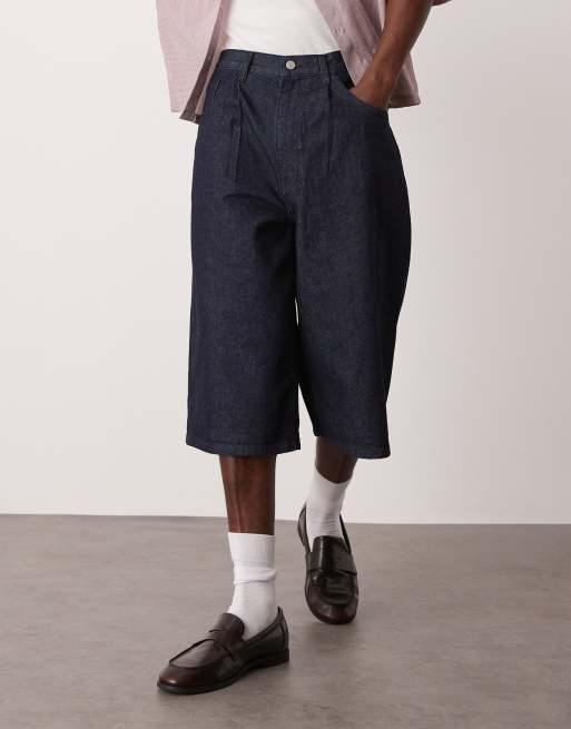ASOS DESIGN longer length denim jorts with pleats in raw wash | ASOS