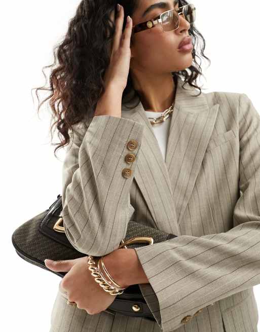 ASOS DESIGN longline duster blazer in beige stripe | ASOS