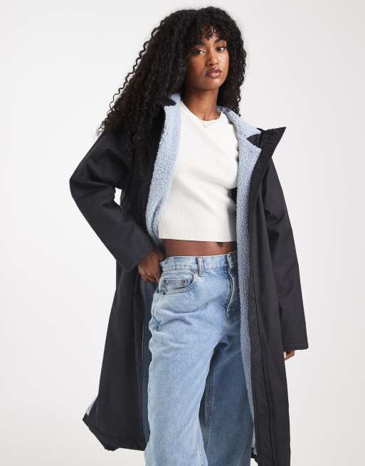ASOS DESIGN longline fleece-lined raincoat in black and blue | ASOS