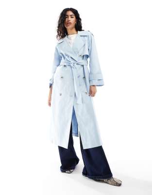 ASOS DESIGN longline linen mix trench coat in blue | ASOS
