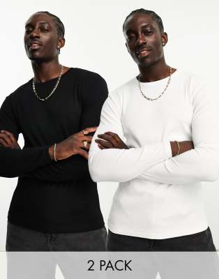 ASOS DESIGN - Lot de 2 t-shirts côtelés moulants à manches longues - Noir et blanc | ASOS
