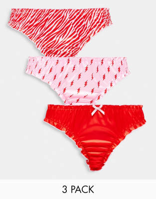 ASOS DESIGN - Lot de 3 strings froncés en satin - Rose/rouge/imprimé ...