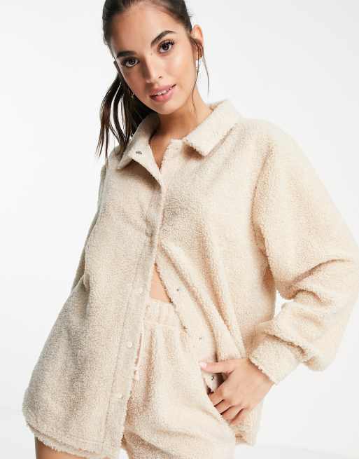 Asos Design Lounge Mix And Match Borg Shirt In Beige Asos
