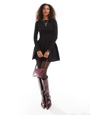 ASOS DESIGN low back long sleeve poplin mix skater dress in black | ASOS