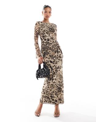ASOS DESIGN low back mesh maxi dress with angel sleeves in animal print ...