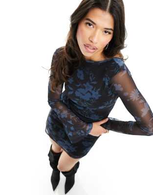 ASOS DESIGN low back mesh mini dress with angel sleeves in blue floral ...