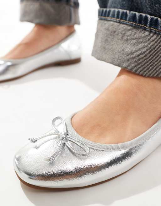 ASOS DESIGN Lullaby basic bow ballet flats in silver | ASOS