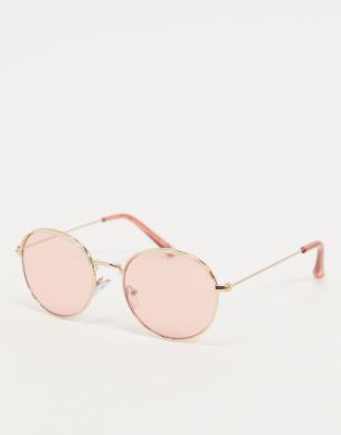ASOS DESIGN - Lunettes de soleil rondes avec verres rose clair - Doré ...