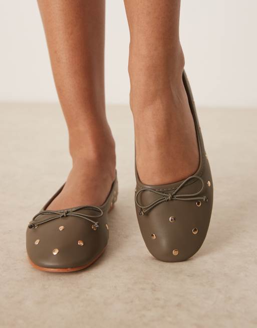 ASOS DESIGN Lynette high vamp studded ballet flats in khaki | ASOS
