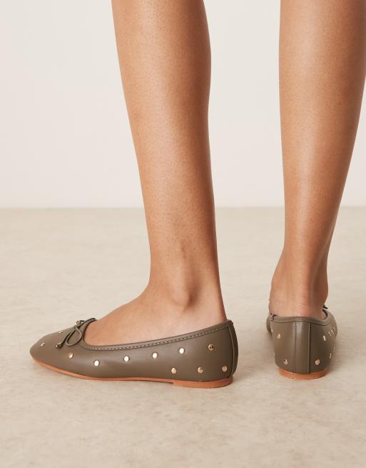 ASOS DESIGN Lynette high vamp studded ballet flats in khaki | ASOS