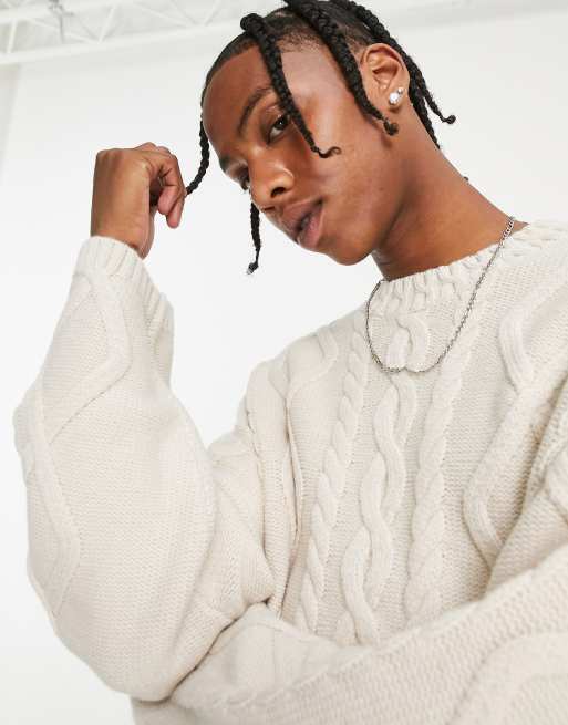Asos Design Maglione Girocollo écru A Trecce In Misto Lana Asos