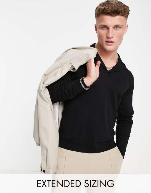 Asos Design Maglione Nero In Cotone Con Colletto Stile Polo E Rever