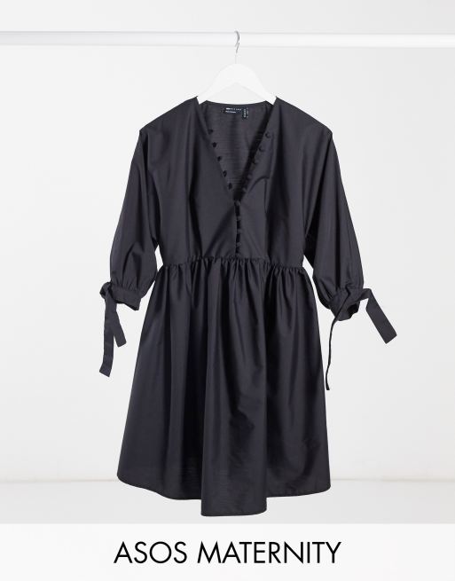 Asos Design Maternity Cotton Poplin Button Neck Mini Smock Dress With
