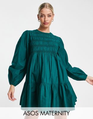 ASOS DESIGN Maternity cotton shirred mini smock dress in green | ASOS