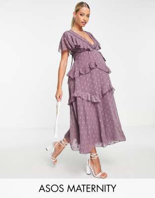 ASOS DESIGN Maternity dobby tiered midi dress with lace insert and open back in mauve | ASOS