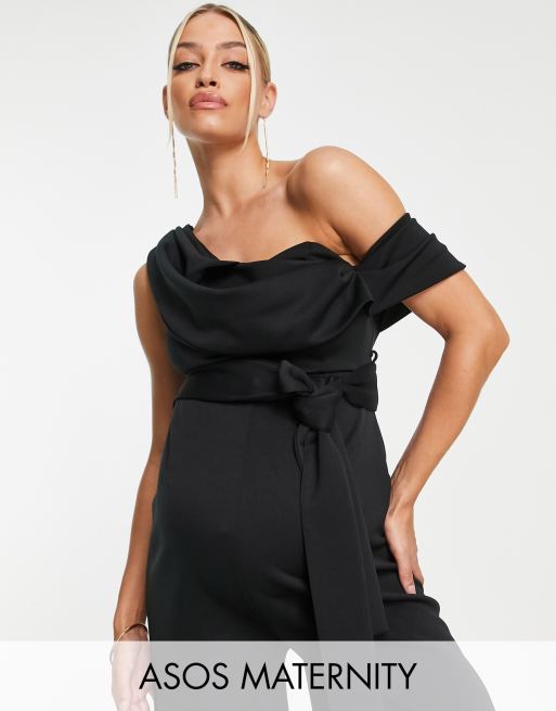 Asos Design Maternity Scuba One Shoulder Wide Leg Belted Jumpsuit In