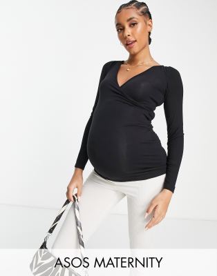 ASOS DESIGN Maternity - Top cache-cœur à manches longues - Noir | ASOS