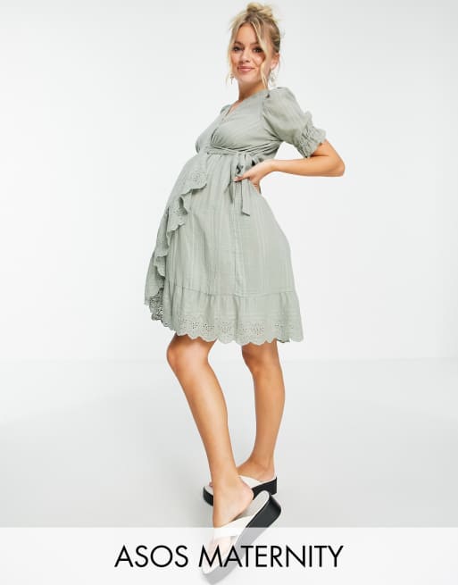 Asos Design Maternity Wrap Mini Dress With Broderie Trim In Self Check