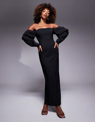 ASOS DESIGN - Maxi bardotjurk met structuur en extreem volumineuze mouwen in zwart | ASOS