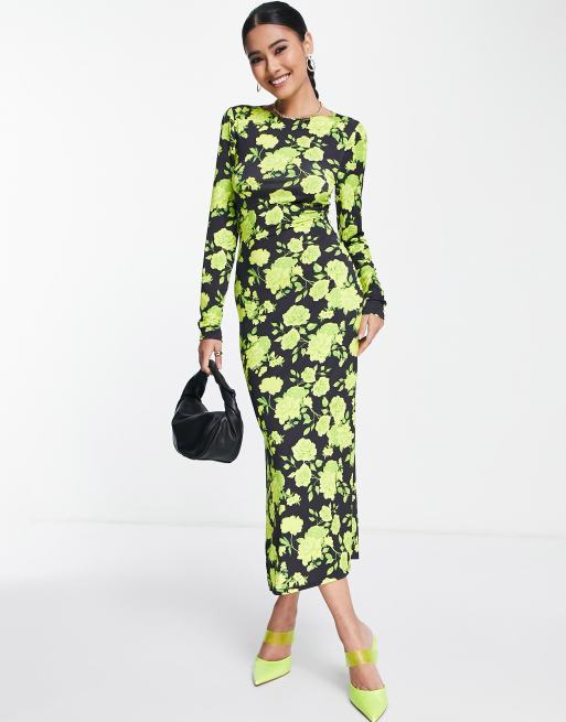Asos Design Maxi Dress With Lace Up Back Detail In Bright Lime Floral
