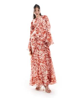ASOS DESIGN - Maxi jurk in mix van satijn en chiffon met lange mouwen en ruches in rode ...