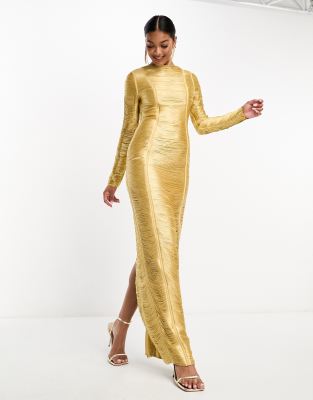 ASOS DESIGN - Maxi jurk met franjes en lange mouwen in goud | ASOS