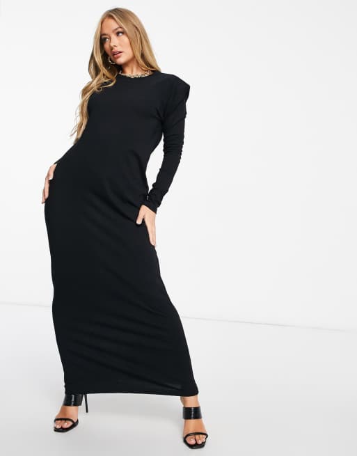 ASOS DESIGN - Maxi-jurk met gewatteerde schouders en lange mouwen in zwart | ASOS