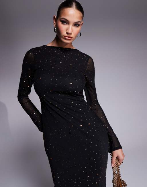 ASOS DESIGN - Maxi-jurk met hotfix, hoge hals en lage rug in zwart | ASOS